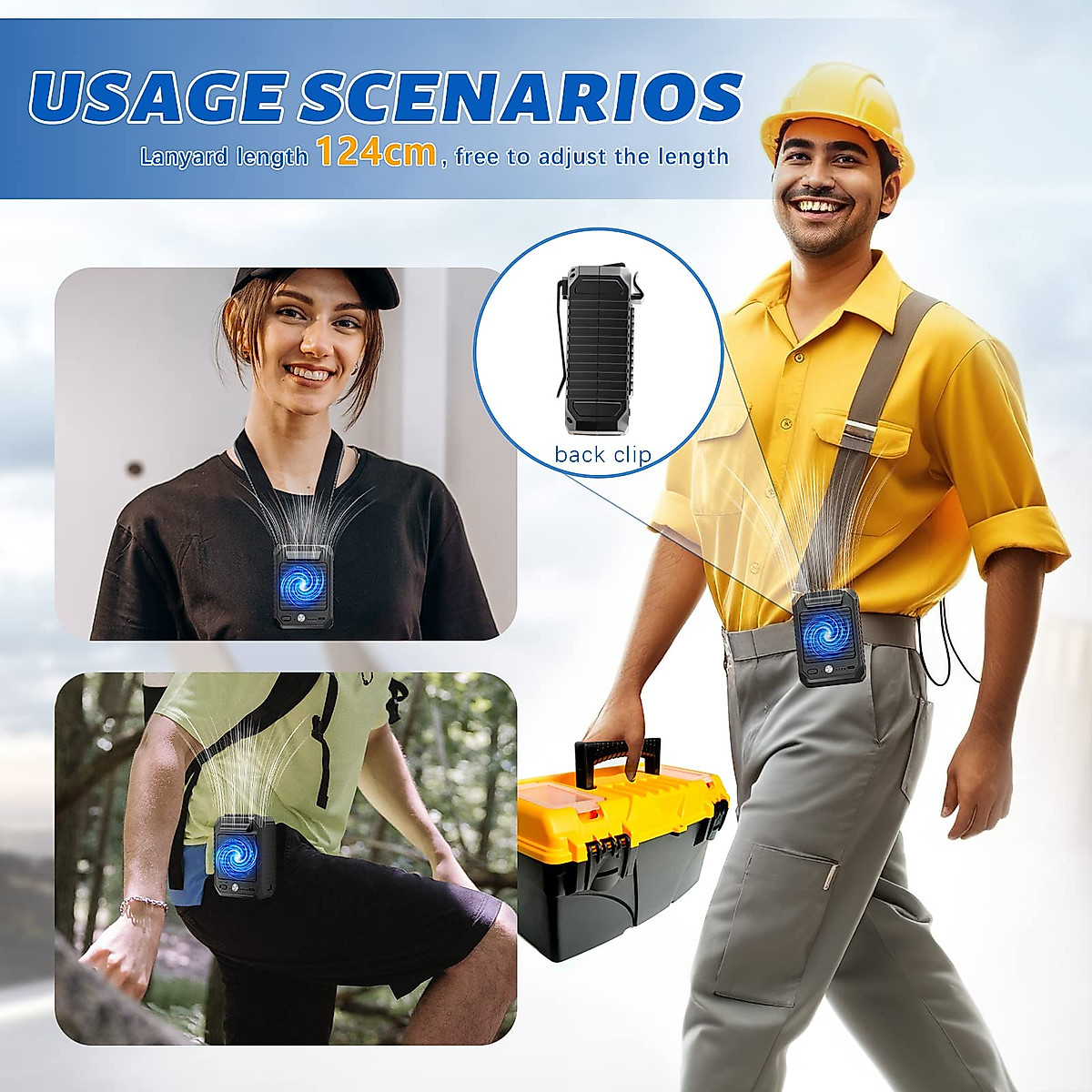 Goldenbbjoy Portable Waist Clip Fan Neck Fan, 10000mAh Battery Powered Belt Fan, Body Fan with 3-Speed, Strong Airflow for Jobsite Farm Fishing Gardening, Black…