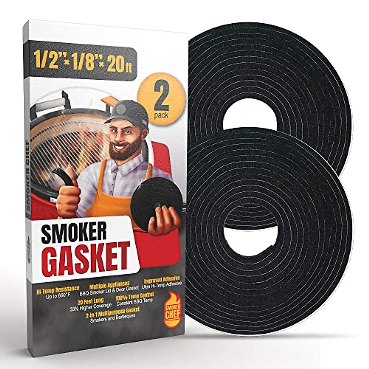 Smoker Chef XXL 20 FT Grill Gasket for Smokers - Black 1/2’’ x 1/8’’ Hi Temp Seal Smoker Gasket – 2-Pack x 10 FT Self Stick Black Nomex Fire Tape for BBQ Lid – High Heat Temperature Material Replace