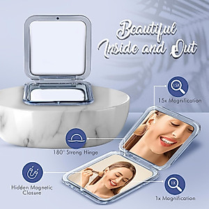 MIRRORVANA Small Compact 15X Magnifying Mirror for Travel - Handheld, Foldable & Lightweight - Mini Pocket-Sized Magnified Mirror for Purse - Square 3.3” x 3.3”