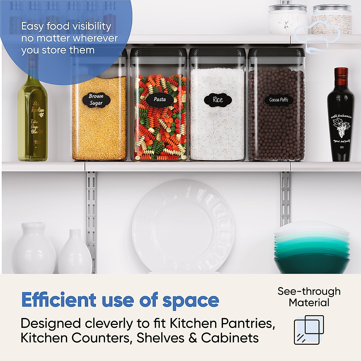 Airtight Extra Large Food Storage Containers - Set of 4, All Same Size - Kitchen & Pantry Organization - Cereal, Spaghetti, Noodles, Pasta, Flour and Sugar Containers - Plastic Canisters with Lids