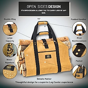 Log Carrier for Firewood Bag - 20oz Waxed Canvas wood carriers with Handles for Fire Logs storage- Fireplace and Campfire Accessories - Durable Waterproof Heavy-Duty Canvas Bag Carrier BROWN