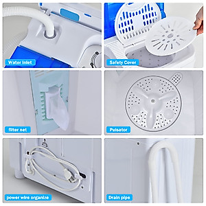 COSTWAY Portable Washing Machine, Semi-Automatic Twin Tub 13lbs Compact Washer and Spinner, Built-in Drain Pump, Control Knobs and Hose, Laundry washer for Apartment, RV, Blue