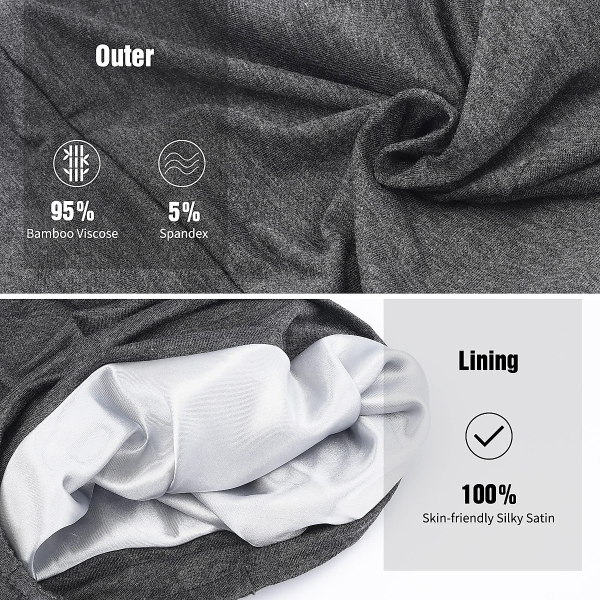 Satin Bonnet for Men 2 Pack Soft and Elastic Black Hair Cap，Satin Lined Beanie, Large Breathable Silky Hair Bonnet for Sleeping Cap，Suitable for Chemo Headwear for Women - Black and Grey