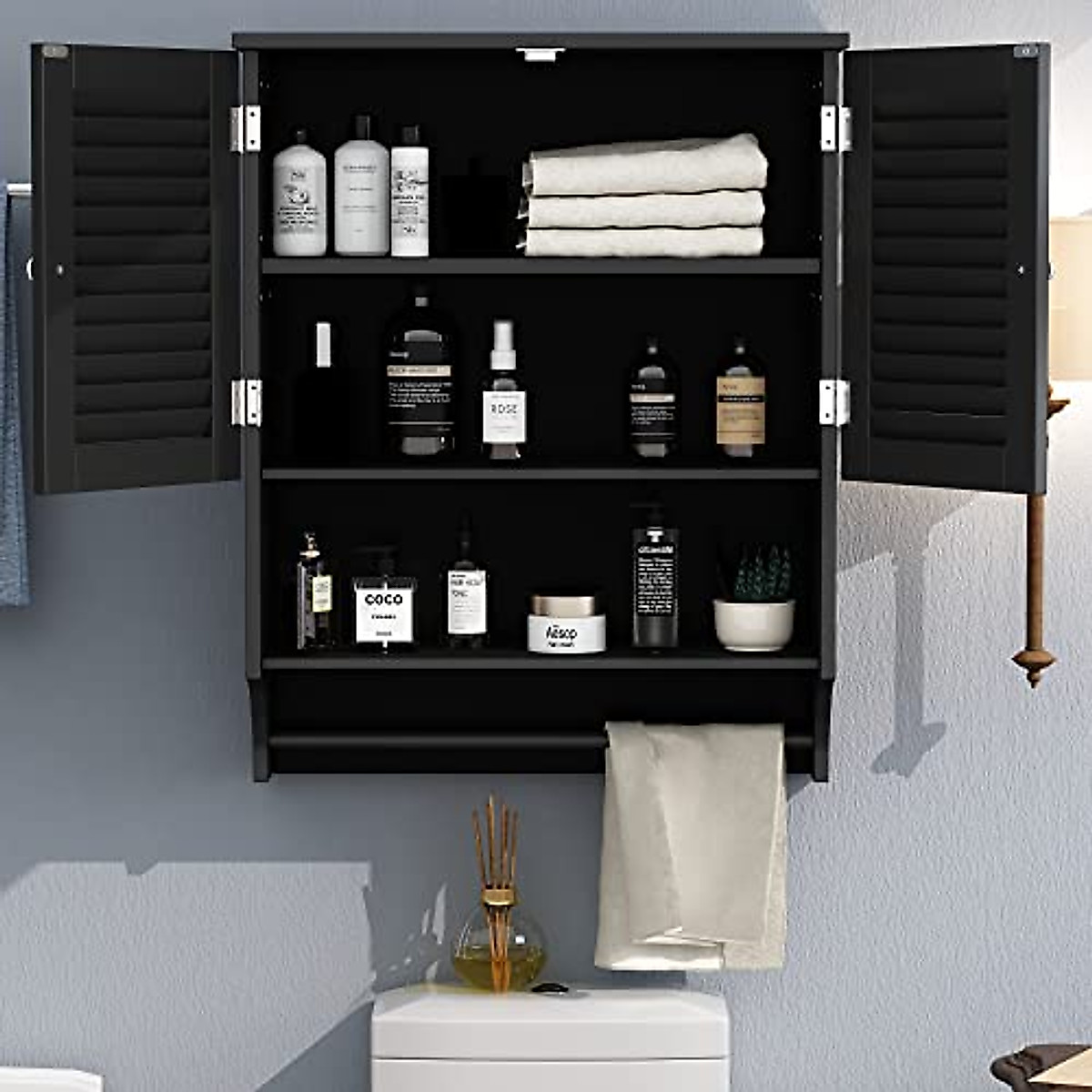 ChooChoo Bathroom Wall Cabinet with Towels Bar, 23.6" L x8.9 W x29.3 H MDF Material Medicine Cabinet, 2 Doors Over The Toilet Space Saver Storage Cabinet with Large Space, Black