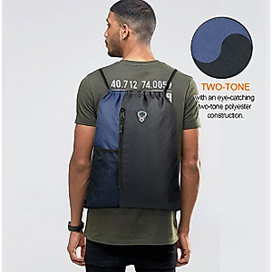 BeeGreen Drawstring Backpack Sports Gym Bag for Women Men Large Cinch Sackpack with 2 Zipper Pockets and Water Bottle Mesh Pockets Black Navy