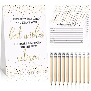 Fumete 50 Pieces Gold Retirement Party Advice and Wishes Cards with 10 Small Pencils and 1 Cardstock Place Card Retired Ideas Supplies and Decoration for Retirement Party Activities