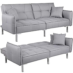 Yaheetech Sleeper Sofa Couch Bed Convertible Sofa Modern Futon Couches Sofas Bed Fold Up and Down Linen Fabric Recliner Couch for Living Room Gray