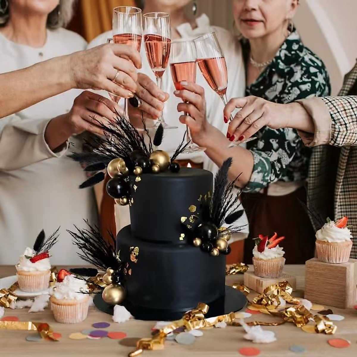 40 PCS Black Gold Cake Toppers Ball Cake Decoration Boho Bunny Tails Reed Grass Cake Decoration for Boho Wedding Birthday Baby Shower Party Cake Decoration Supplies