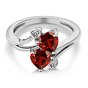 Gem Stone King 925 Sterling Silver Red Garnet and White Diamond Ring For Women | 2.03 Cttw | Heart Shape 6MM | Gemstone January Birthstone | Available In Size 5, 6, 7, 8, 9