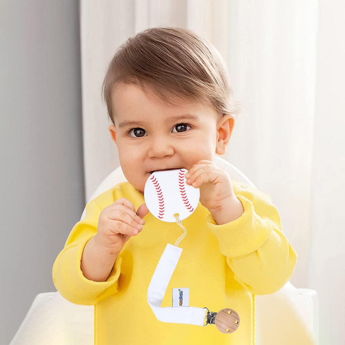 AmazingM Baby Food Grade Silicone Sports Shape Teether Toy with Pacifier Clip Holder,Teething Pain Relief Toys Gift Set for 3 Months+ Boys and Girls,Freezer Safe,BPA Free (Baseball)