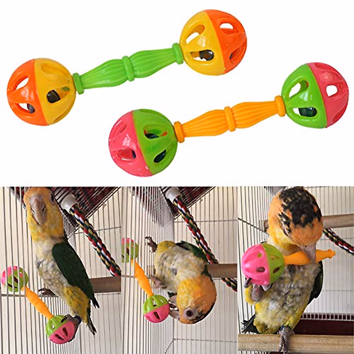SONGBIRDTH Parrot Chew Toys - Pet Bird Parrot Hollow Double-Head Bell Ball Rattle Bite Chew Interactive Toy for Medium and Small Parrot Random Color