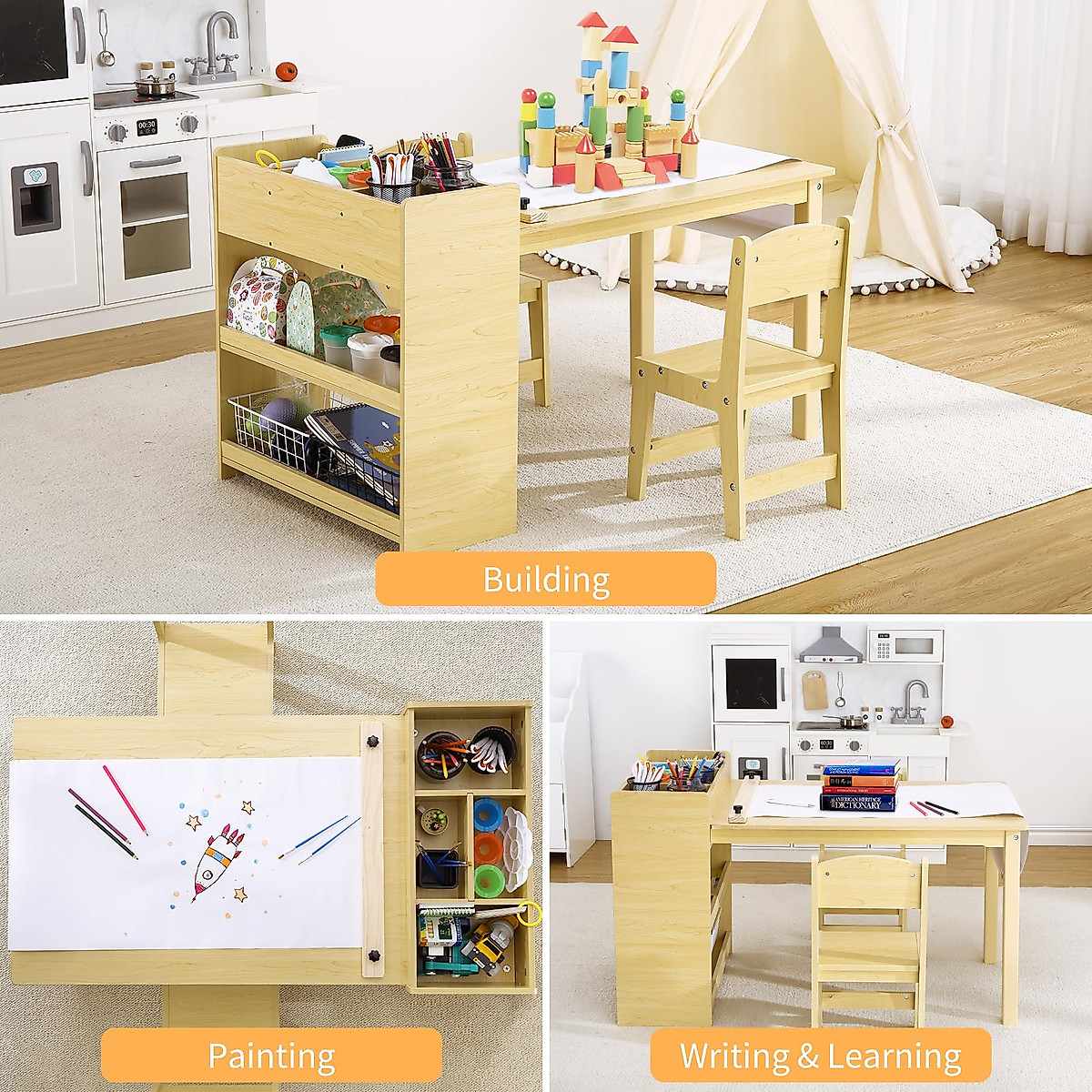 GarveeHome Kids Art Table with 2 Chairs, Toddler Craft Play Wood Activity Desk with Large Storage Shelves for Writing Drawing,Nursery, Children's Wooden Furniture for Classroom Daycares,Home
