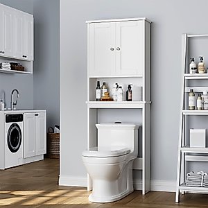 Meilocar Over The Toilet Storage Cabinet, Bathroom Storage Organizer Over Toilet, Bathroom Cabinet Space Saver W/Adjustable Shelf & Open Storage Shelf, White