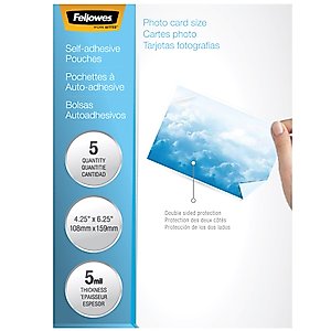 Fellowes, Self-Adhesive Laminating Pouches, 5 Mil, Photo Size, 5 per Pack (5220401)