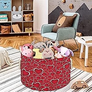 Valentine's Day Red Hearts Large Round Baskets for Storage Laundry Baskets with Handles Blanket Storage Basket for Bathroom Shelves Bins for Organizing Nursery Hamper Girl Boy
