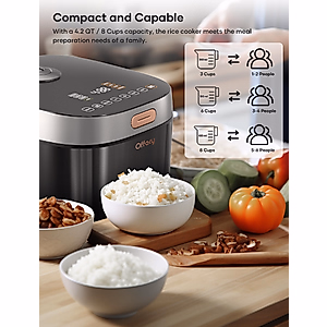 Offacy Rice Cooker Maker 8 Cup Uncooked 8 Preset Programs, Smart Fuzzy Logic, Large Stainless Steel Steamer, Friendly Touch Panel and LED HD Display, Auto Keep Warm, Quick Cook, Black