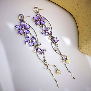 fxmimior Silver Long Flower Earrings Purple Rhinestones Big Dainty Floral Drop Earrings Statement Charm Earring Body Jewelry for Women and Girls