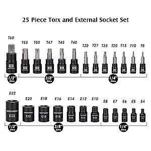 MIXPOWER 25 Piece Torx Bit and Socket Set, 13 Star Bits (T8- T60) & 12 E-Torx Sockets (E4-E22), Professional Grade Auto & Motorcycle Mechanic Set