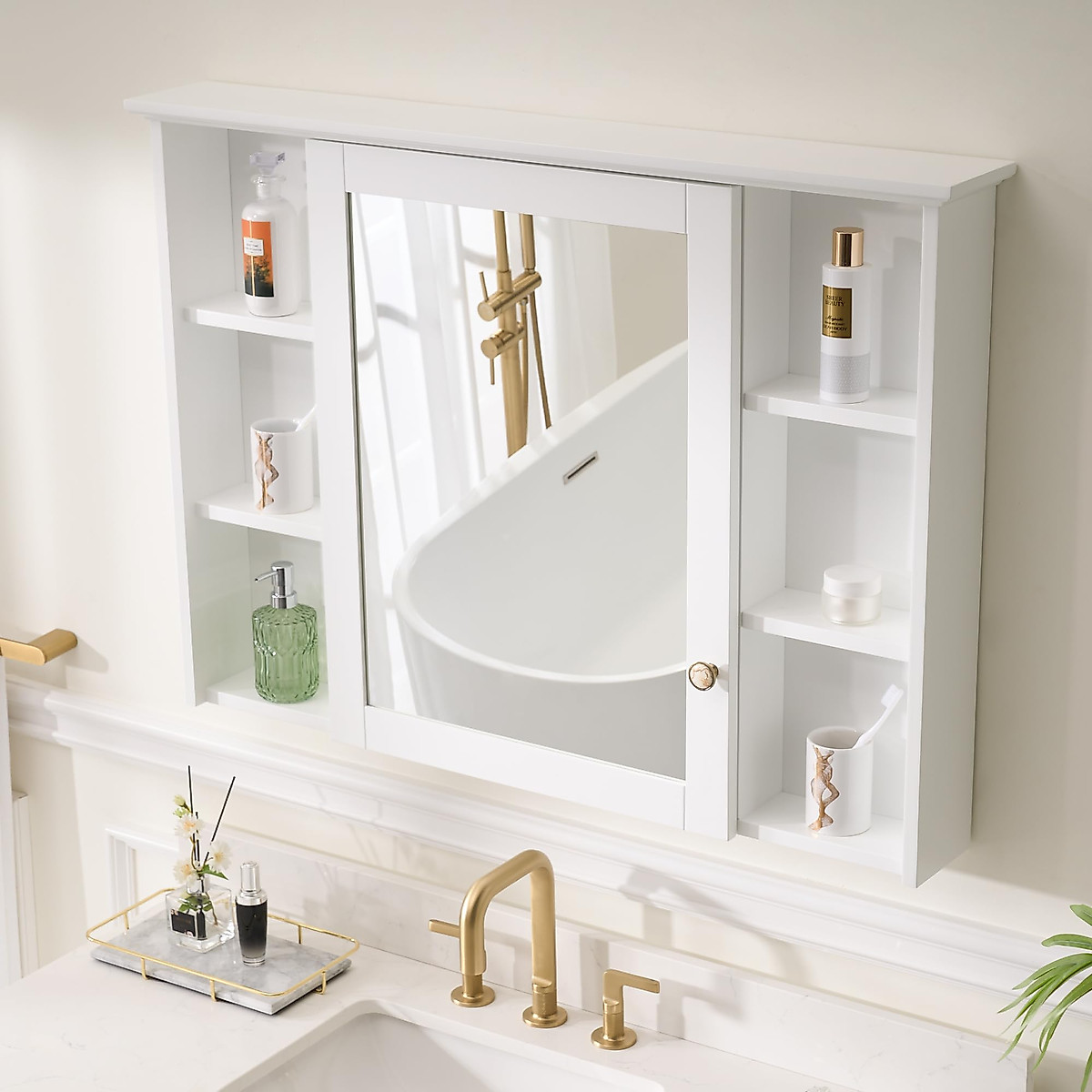 WELLFOR 42"x 30" Bathroom Medicine Cabinet with Mirror, Wall Mounted Storage Cabinet for Bathroom, Mirror Cabinet with Open/Built-in Shelves and Single Door, Bathroom Wall Cabinet with Mirror, White