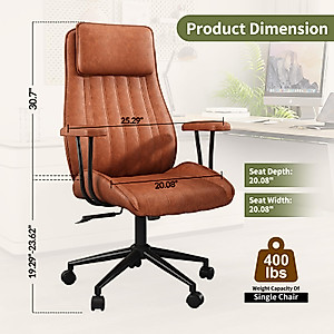 HONIFUR Leather Desk Chair, Vintage Executive Office Chair with Wheels and Arms, Height Adjustable Mid Century Desk Chair (Brown)