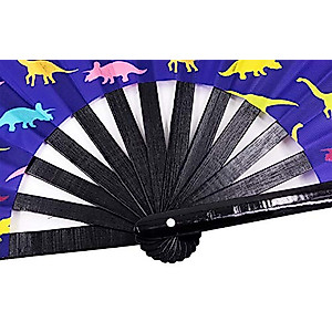 Amajiji Large Rave Folding Hand Fan for Men/Women, Chinease/Japanese Bamboo Hand Fan, Festival Accessories Performance Decoration Gift Dance Handheld Fan (Dinosaur)
