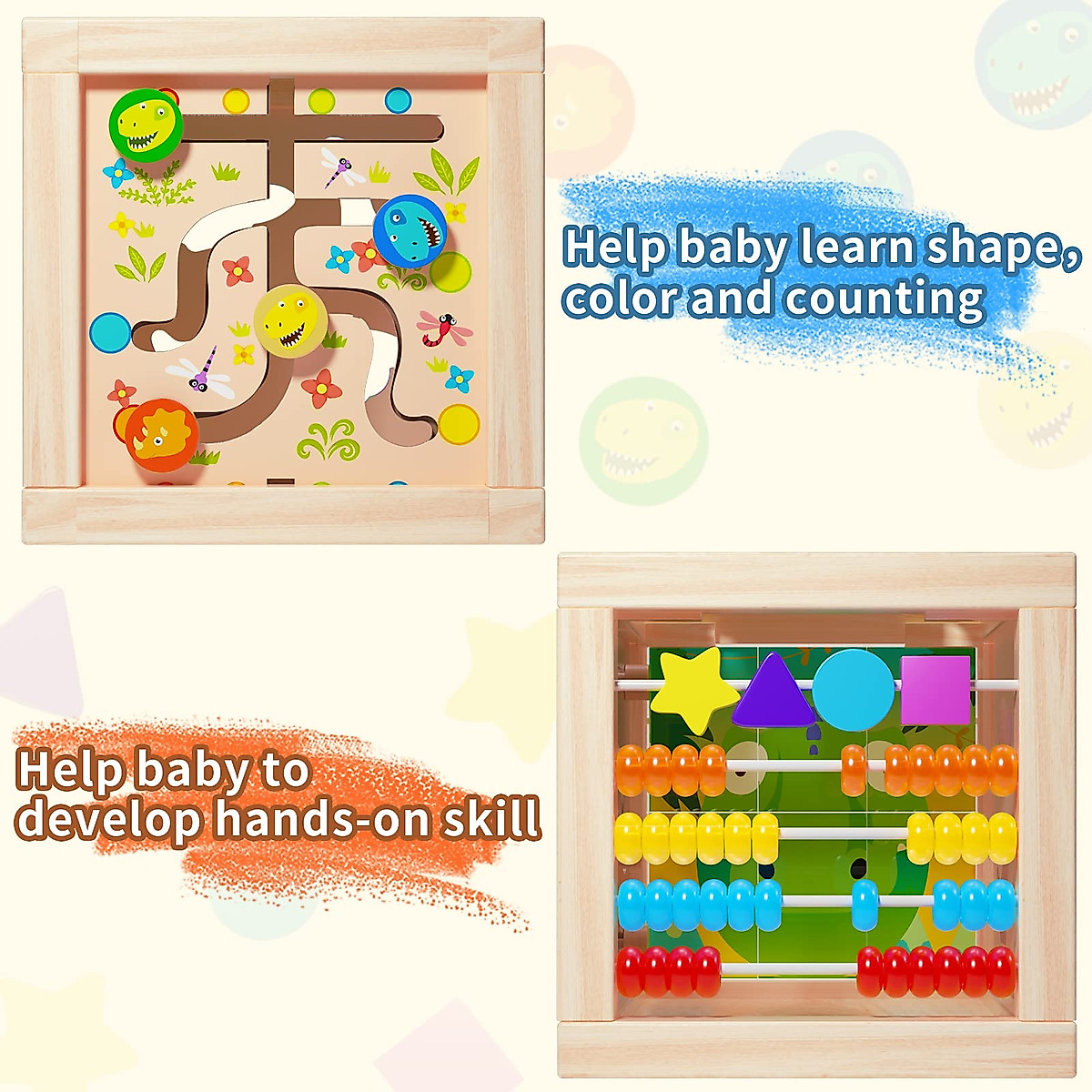 Fajiabao Wooden Baby Activity Cube 6-in-1 Montessori Toys Dinosaur Play Center Blocks Kids Bead Maze Shape Sorter Sensory Toys for Toddlers 6 12 9 18 Months 1 2 3 Year Old Boys Girls Birthday Gift