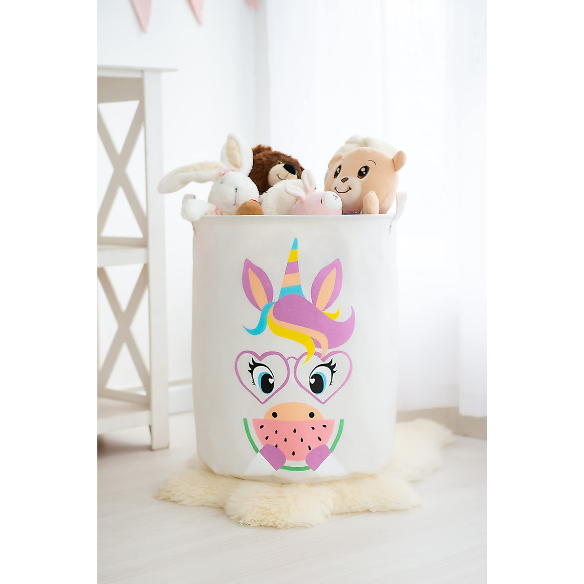 KAZULO Unicorn Hamper Set, Large Round Unicorn Laundry Baskets, kids Hampers laundry Girls, Girls Storage Box Unicorn, Child Laundry Set, Kids Basket (Watermelon Unicorn Bundle)