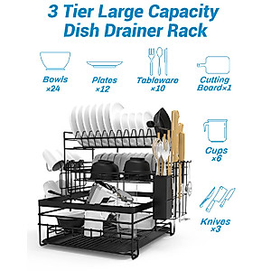 3 Tier Dish Drainer Rack for Kitchen Counter, Large Capacity Dish Drying Rack with Drainboard,Cup Holder,Cutting Board Rack and Cutlery Holder,Detachable Stainless Steel Dish Drying Rack for Kitchen