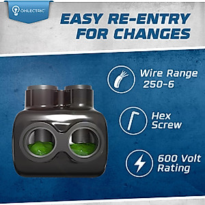 OHLECTRIC Dual Side Entry - 2 Port - 250-6 AWG - Black Insulated Connector - 5/16 Allen Hex - Pre-Filled with Oxide Inhibitor - Rubber/Vinyl Coating, 6061-T6 Aluminum CU9AL