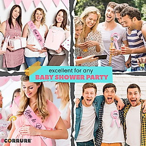 CORRURE Baby Shower Sash and Button Pin for Girl - 'Mom to Be' Sash and 'Dad to Be' Pin with Beautiful Pink Ribbon and Black Glitter Text - Ideal Mom and Dad Gift for Gender Reveal/Baby Shower