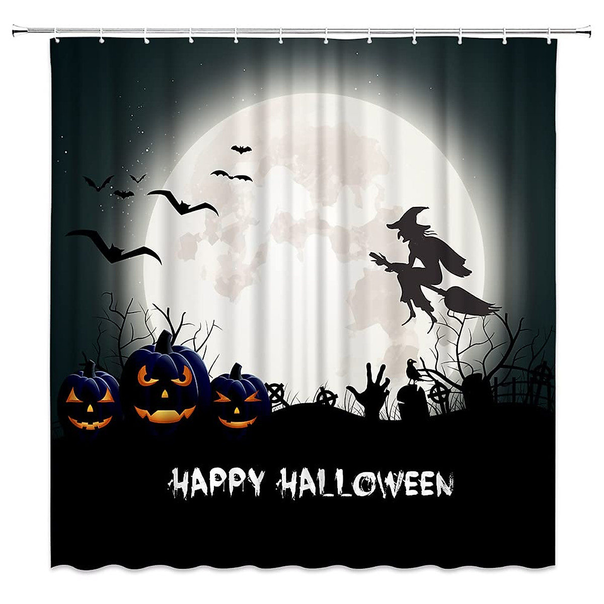 PZMPZM Halloween Shower Curtain Witch Pumpkin Lanterns Full Moon Tombstone Bats Crow Pattern Party Backdrop Cloth Bathroom Polyester Fabric Curtains with Hooks 70Wx70H inch
