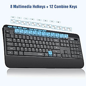 Wireless Keyboard and Mouse Combo, E-YOOSO 18 Months Battery Life Cordless Keyboard, 2.4G Full-Sized Ergonomic Keyboard with Wrist Rest, 3-Level DPI Mouse, Black Quiet Keyboard for Computer, Mac, PC