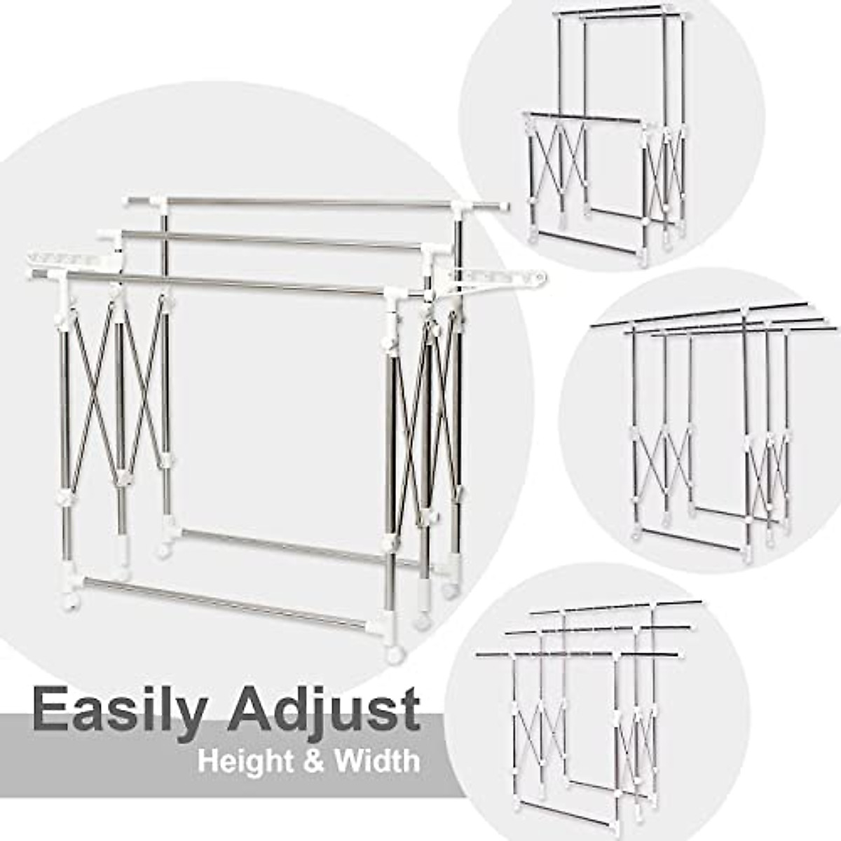 Todeco Clothes Drying Rack, Foldable Stainless Steel Laundry Drying Hanger Rack on Wheels for Laundry with Extendable Rods and Hanging Rail for Indoor Outdoor