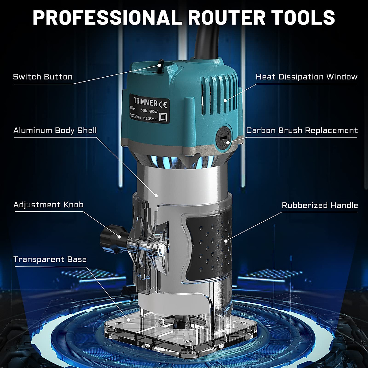 TwoWin Router Tool, 110V 800W Compact Wood Router Tool for Woodworking, Electric Hand Trimmer 1/4" Collets Palm Wood Router Tools Laminate Trimmer + Tungsten Carbide Router Bits 15-Piece Set