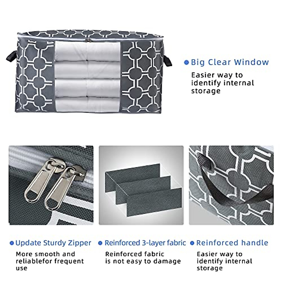 Vosign 3-Pack Large Storage Bags for Clothes Pillow Blankets, Foldable Storage Containers Organizers Bins with Reinforced Handles, Clear Window, Sturdy Zippers, 100L, Grey