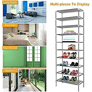 elifine Shoe Rack 10 Tiers Easy Assembled Stand Sturdy Shelf Storage Organizer Free Standing Shoe Racks (Silver)