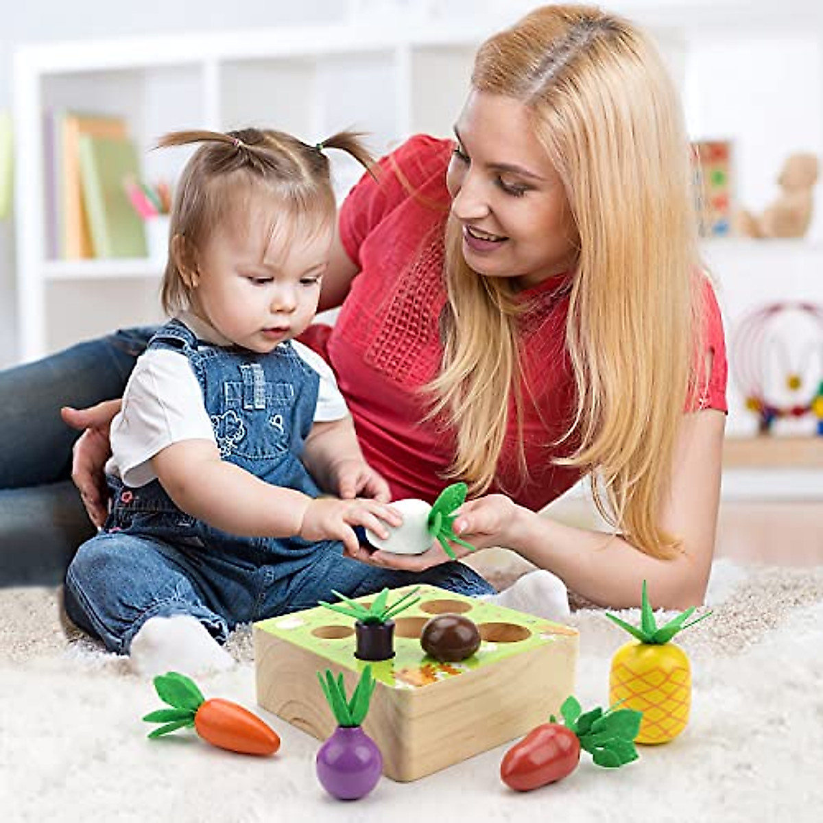 SKYFIELD Wooden Farm Harvest Game Montessori Toy, Educational Learning Toy for Boys &Girls 1 2 3 Years Old, Shape Sorting Vegetable &Fruits Fine Motor Skill Toy Gift for Toddlers 1-3