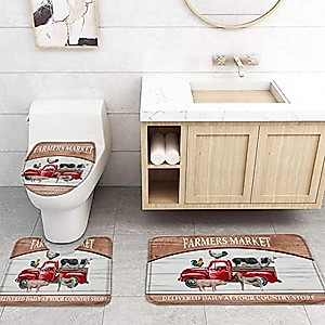 4 Pcs Shower Curtain Sets with Rugs,Vintage Farm Animals Cows Roosters Red Truck Wood Grain Background Bathroom Sets,Waterproof Non-Slip Shower Curtain U-shaped Rug Bath Mat Toilet Lid Cover 12 Hooks