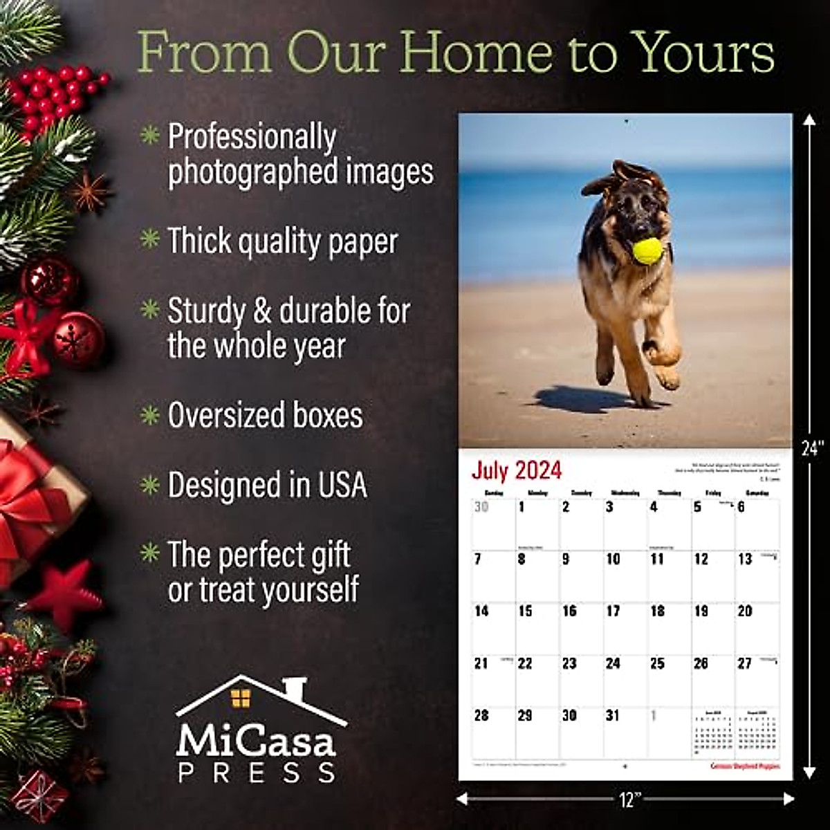 MICASA German Shepherd Puppies 2024 Wall Calendar 12 Month | 12" x 24" Open | Thick & Sturdy Paper | Giftable | Calendar 2024