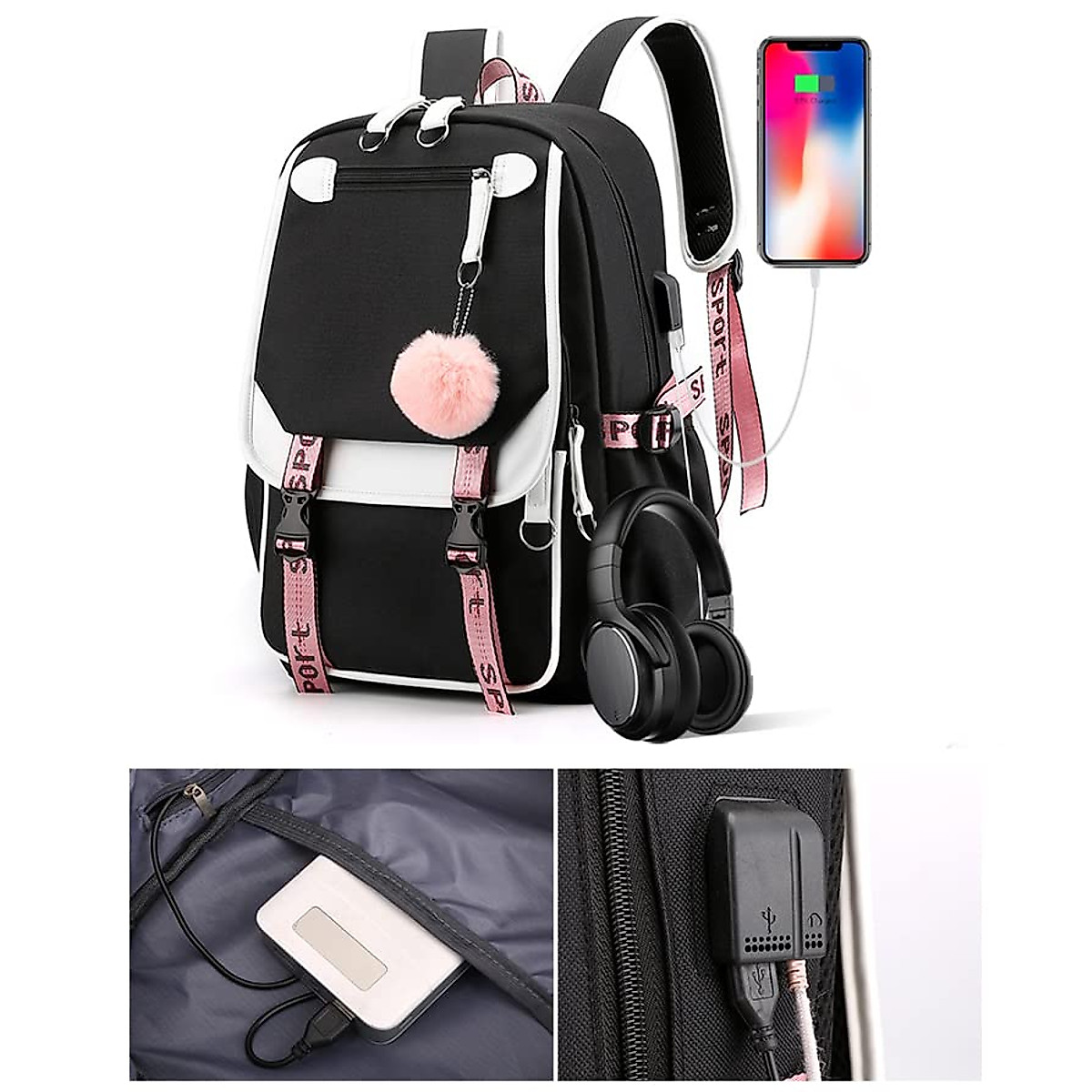 AMZTAN Travel Laptop Backpack for Students with USB Charging Port Oxford Handle Shoulder Tote Bag Laptop Schoolbag (Black)