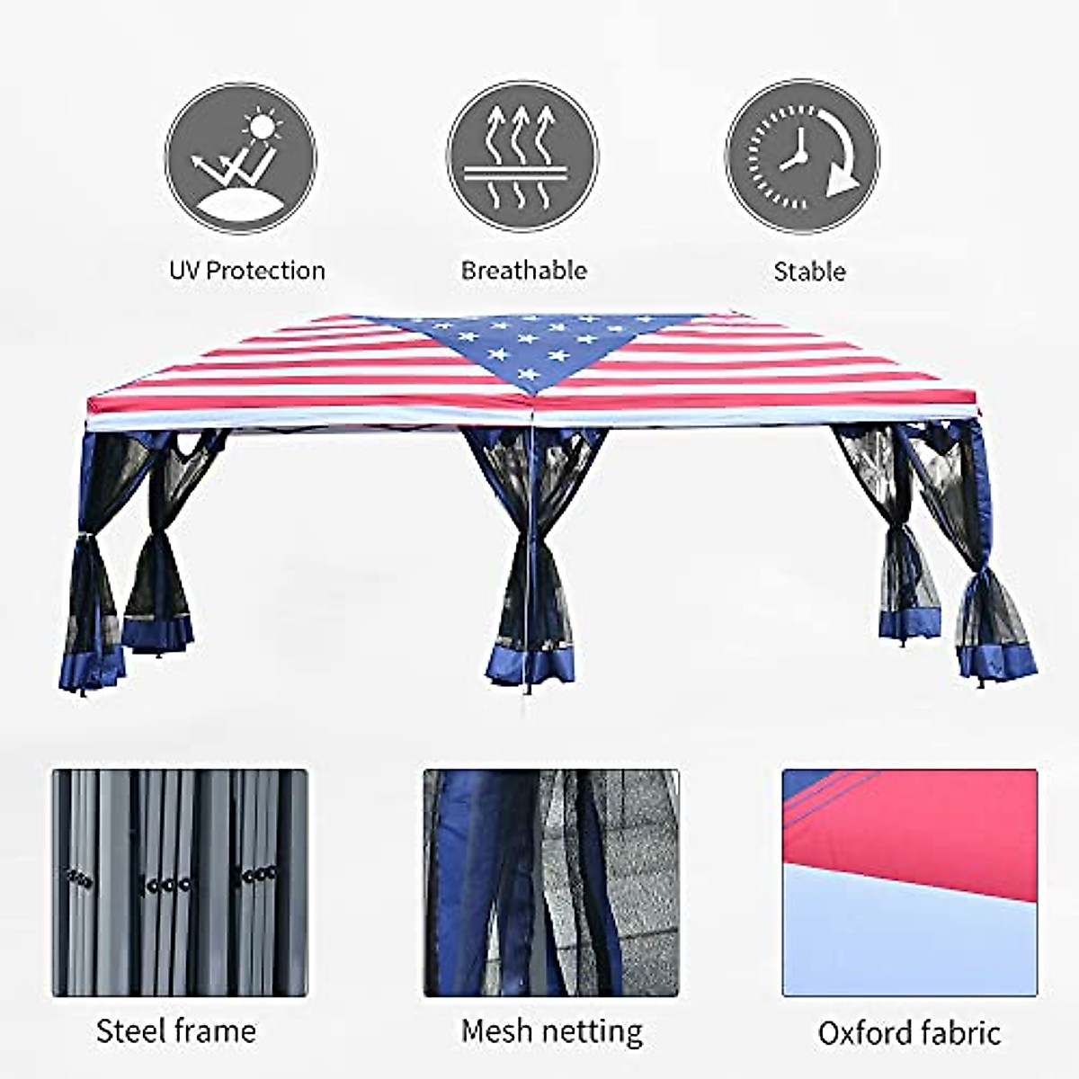 Outsunny 10' x 20' Heavy Duty Pop Up Canopy with 6 Sidewall Mesh Netting, Outdoor Party Event Tent with Oxford Fabric Roof for Backyard Garden Patio, American Flag