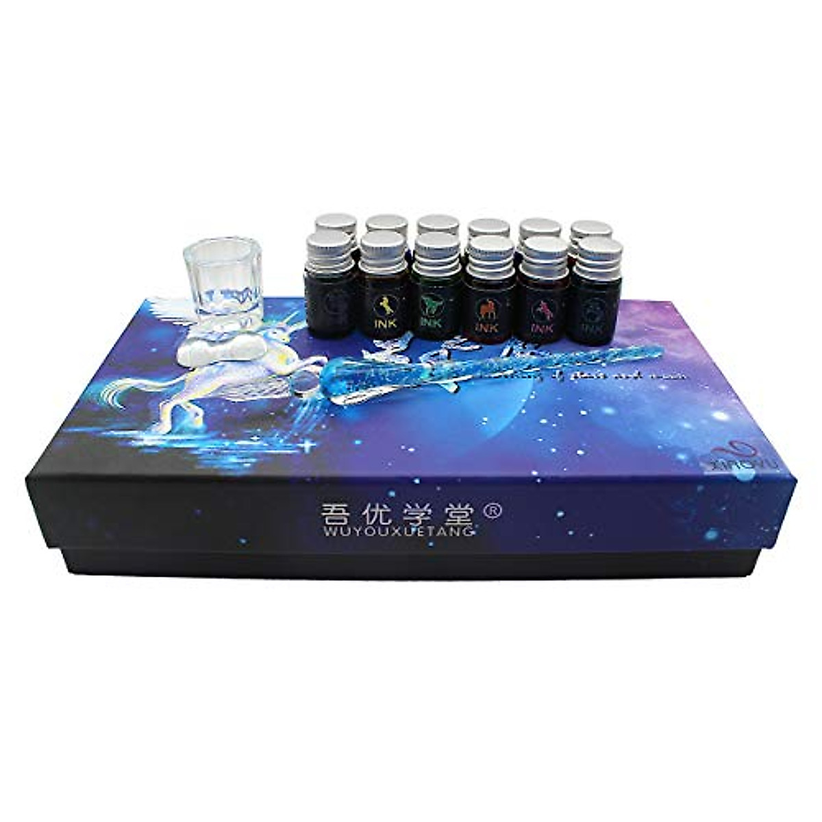 XIAOYU Luminous Glass Dip Pen Ink Set - Crystal Glass Dip Pen with 12 Colorful Inks for Art, Writing, Signatures, Calligraphy - Ice Blue