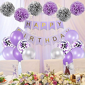 Rabbmall Birthday Decorations for Girls Purple and Silver Lavender Party Decor Kit for Her Women Including Happy Birthday Banner Pompom Flower Foil Balloons Confetti Latex Balloon Ribbons