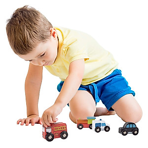Hey! Play! Wooden Car PlaySet-6-Piece Mini Toy Vehicle Set with Cars, Police and Fire Trucks, Train-Pretend Play Fun for Preschool Boys and Girls
