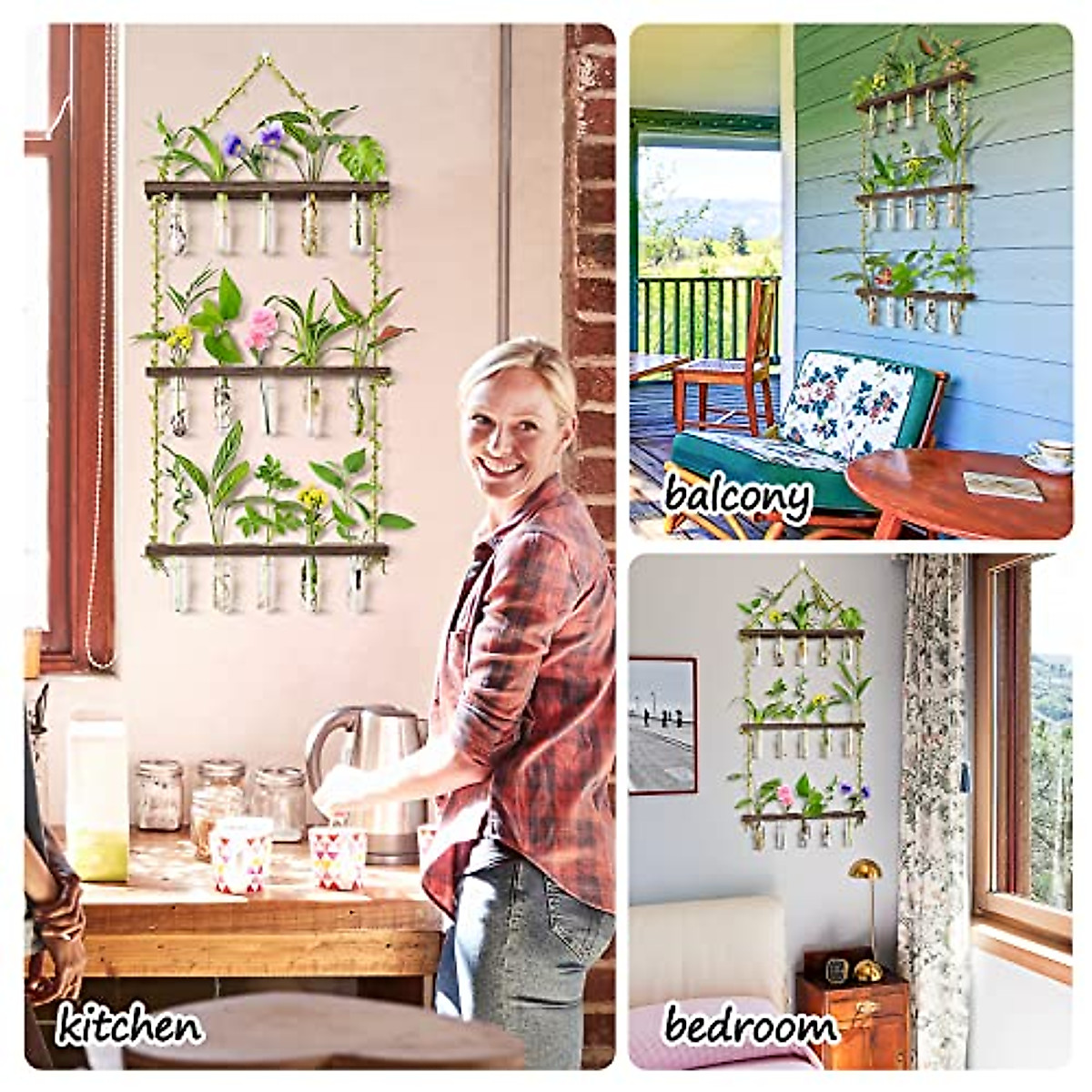 Grovind Propagation Stations, 3 Tier Large Wall Hanging Plant Terrarium with Wooden Stand Retro Propagation Station Test Tubes for Hydroponic Indoor Plants Cutting Planter for Home Garden Office Decor