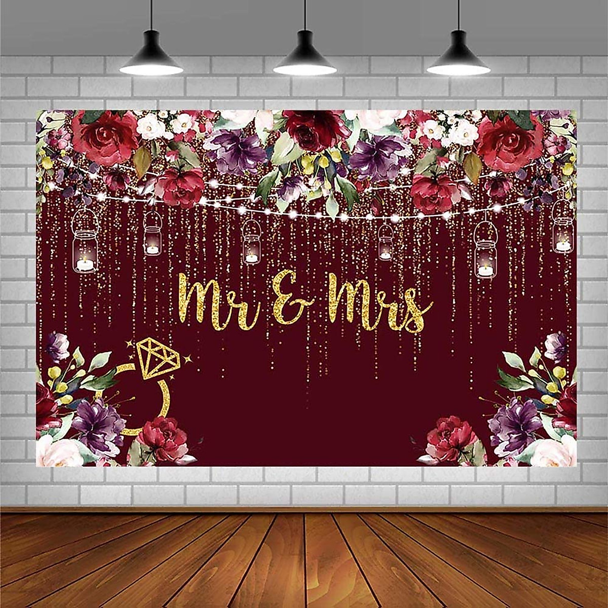 SENDY 7x5ft Burgundy Floral Mr & Mrs Backdrop Engagement Party Decorations for Couples Wedding Bride and Groom Engaged Ceremony Anniversary Bridal Shower Banner Gold Photography Background Photo Props