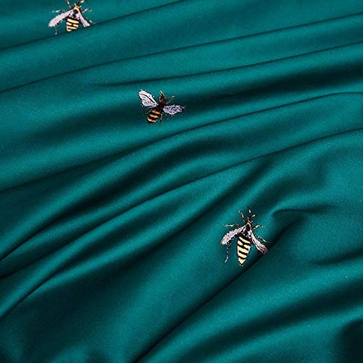 RoyalLinens 4 Piece Luxury Emerald Green Duvet Cover Set 100% Cotton 60S Sateen Bedding Sheets Percale Bedclothes with Bees Printed Bed Linen (Queen Size 4pcs)