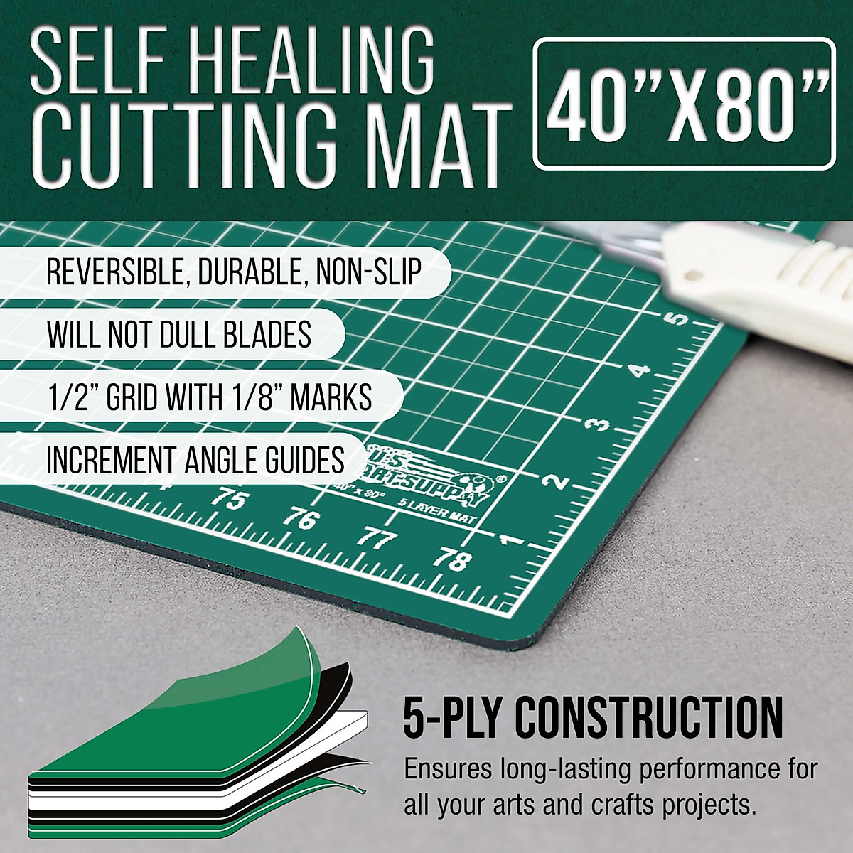US Art Supply 40" x 80" GREEN/BLACK Professional Self Healing 5-Ply Double Sided Durable Non-Slip Cutting Mat Great for Scrapbooking, Quilting, Sewing and all Arts & Crafts Projects
