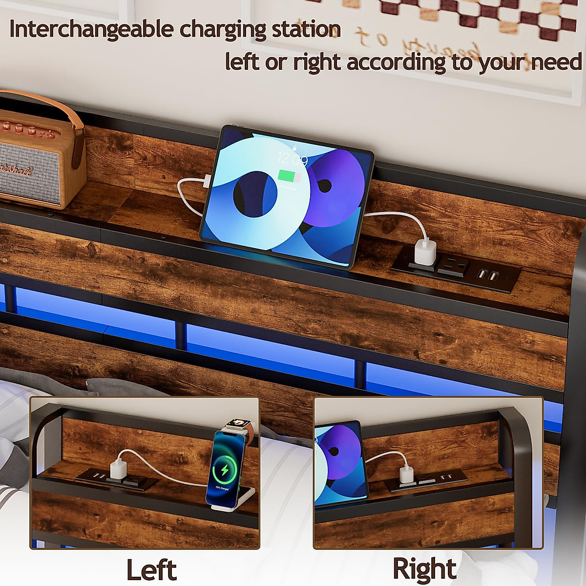 Furnulem Queen Headboard with Storage Shelf,Headboards with RGB LED Light,USB Port and Charging Station,Sturdy Metal Frame & Wood Shelf, Adjustable Height