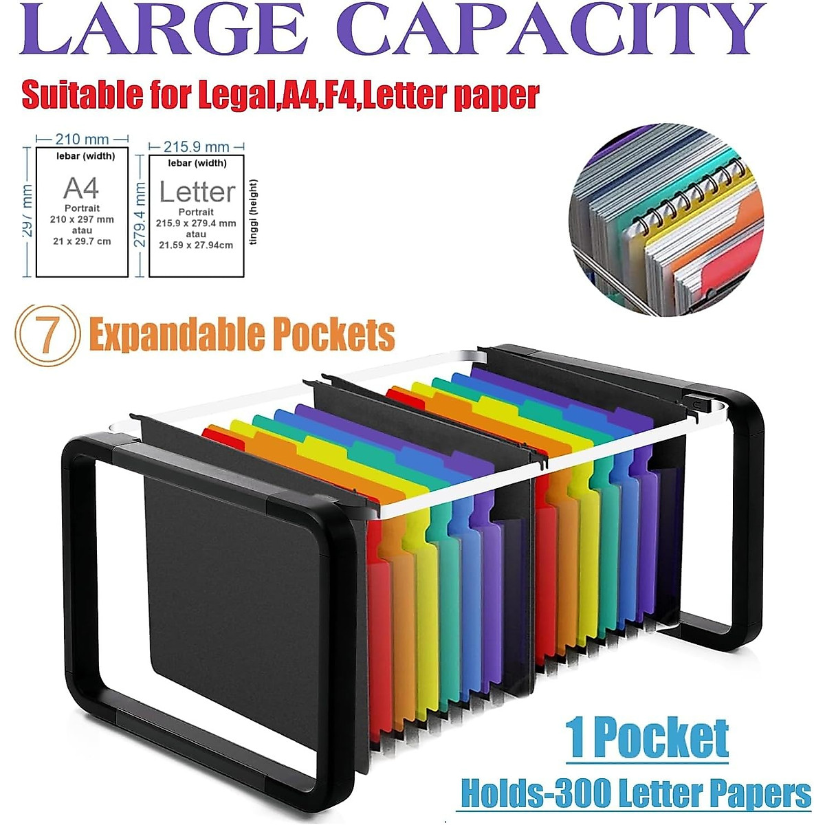 Plastic Expanding Hanging Folders for A4, Letter Paper Filing Cabinet, File Cabinet Organizer, Plastic Hanging Folders 7 Pockets Accordian Divider Folders Multi-Coloured Tabs (3)